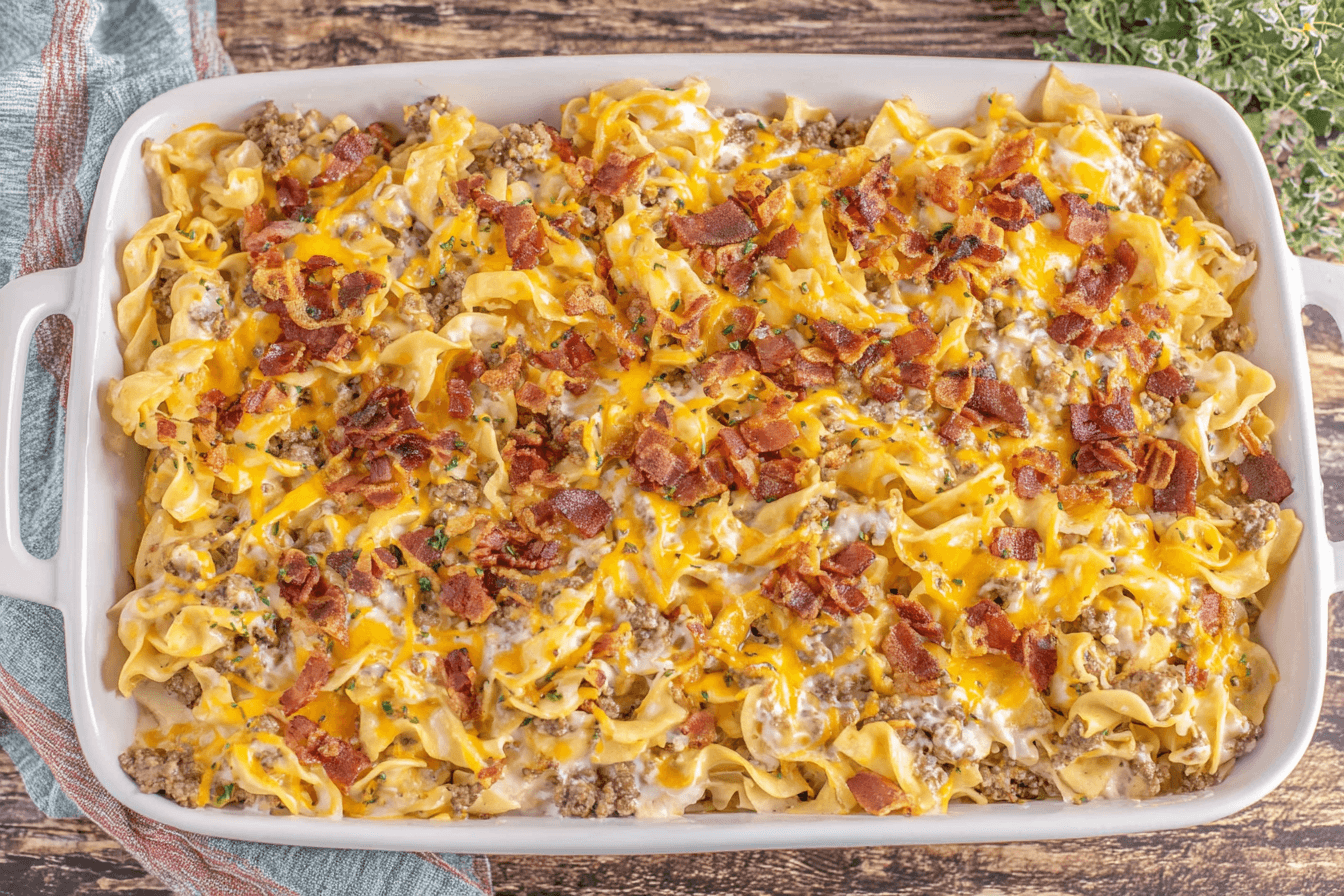 Cheesy Beef and Bacon Noodle Casserole - Comfort Food Delight