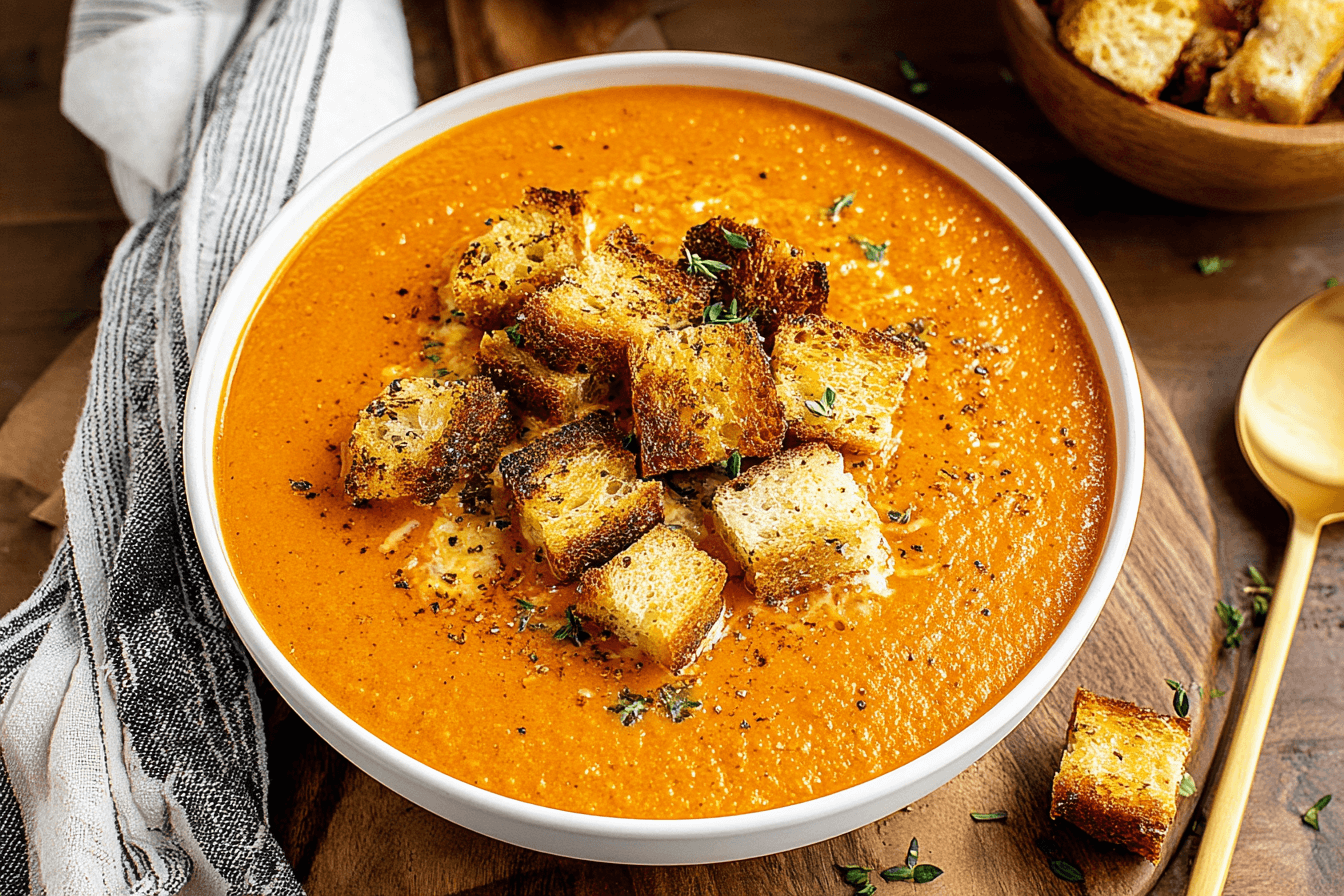 Creamy Tomato Bisque with Grilled Cheese Croutons - Comfort Food Delight