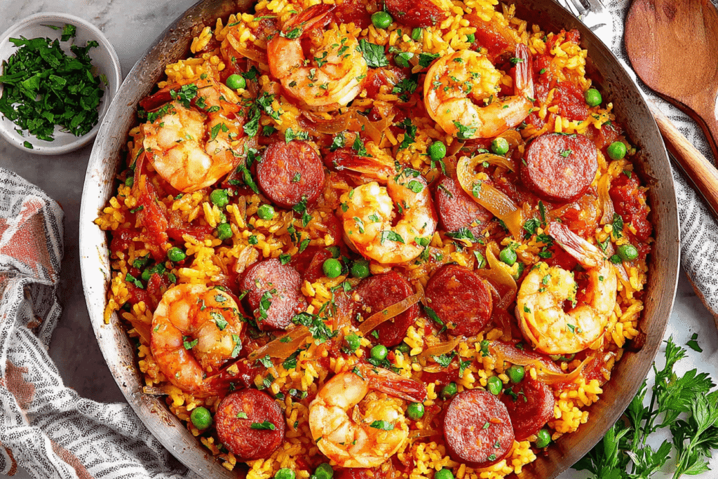 Delicious Spanish Chorizo and Shrimp Paella Recipe - Easy & Flavorful