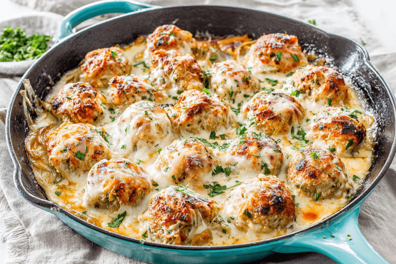 Delicious Chicken Meatballs with Savory French Onion Sauce Recipe