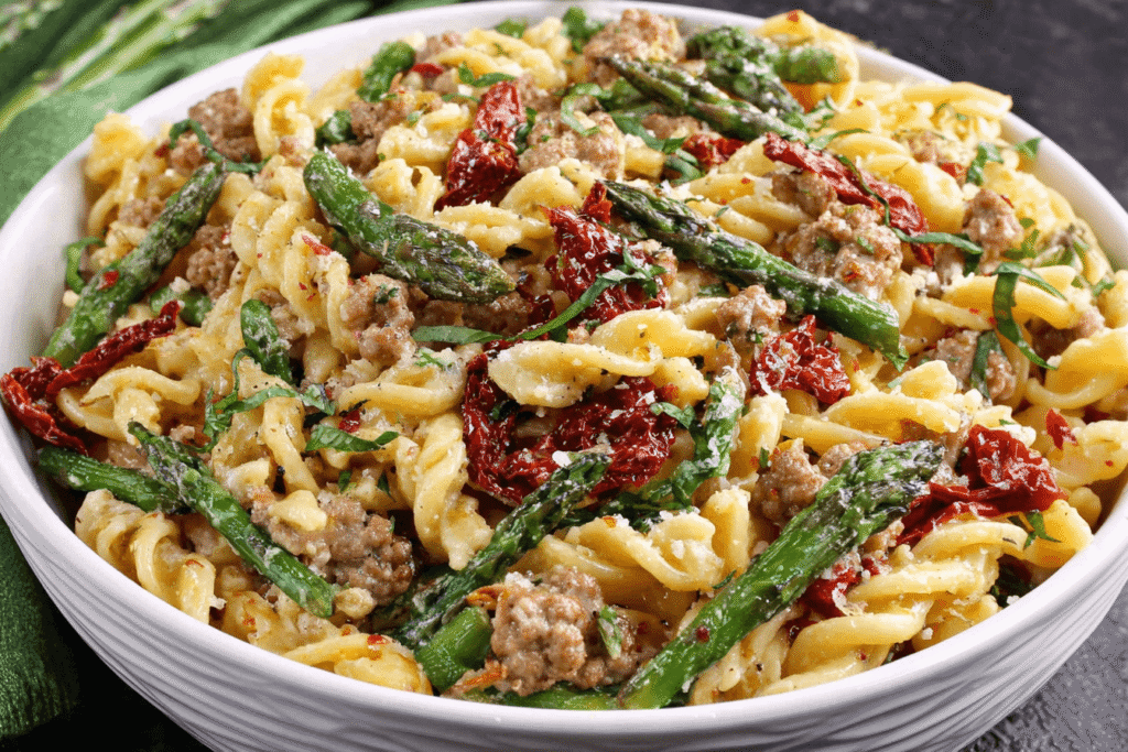 Creamy Gemelli Pasta with Sausage and Asparagus Recipe - Easy Comfort Food
